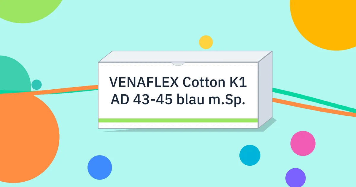 Symbolbild: Packung mit der Aufschrift VENAFLEX Cotton K1 AD 43-45 blau m.Sp. (PZN 18309086) – Verfügbarkeit und Bezug in Apotheken in Frankfurt am Main