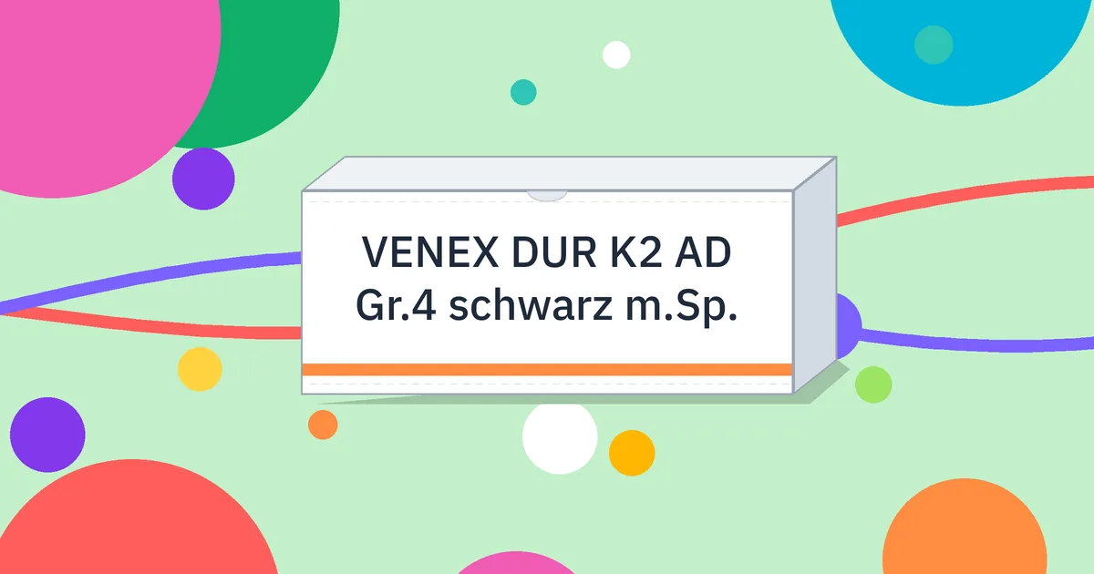 Symbolbild: Packung mit der Aufschrift VENEX DUR K2 AD Gr.4 schwarz m.Sp. (PZN 03210293) – Verfügbarkeit und Bezug in Apotheken in Frankfurt am Main
