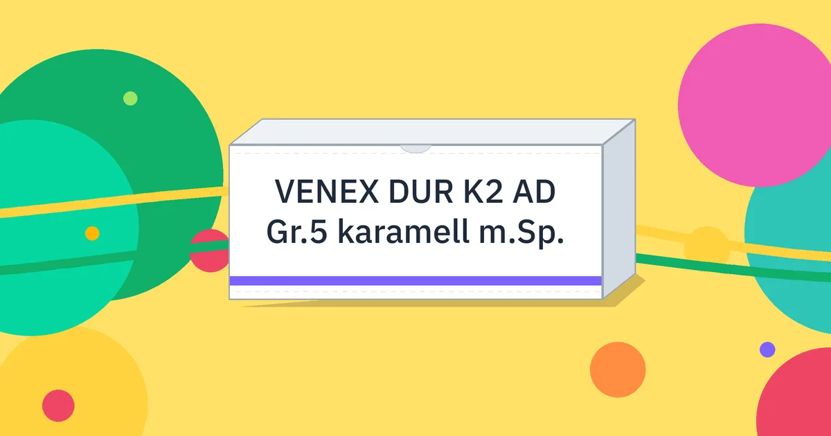 Symbolbild: Packung mit der Aufschrift VENEX DUR K2 AD Gr.5 karamell m.Sp. (PZN 13757383) – Verfügbarkeit und Bezug in Apotheken in Frankfurt am Main