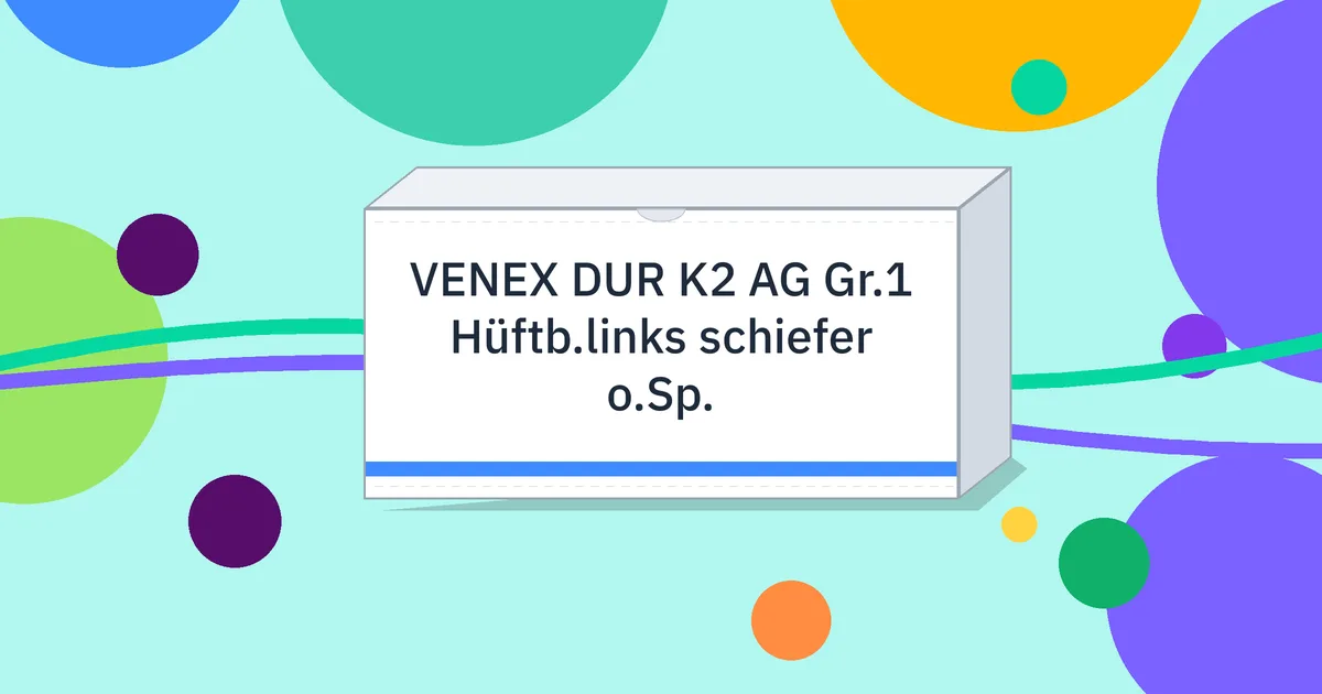 Symbolbild: Packung mit der Aufschrift VENEX DUR K2 AG Gr.1 Hüftb.links schiefer o.Sp. (PZN 03232030) – Verfügbarkeit und Bezug in Apotheken in Frankfurt am Main
