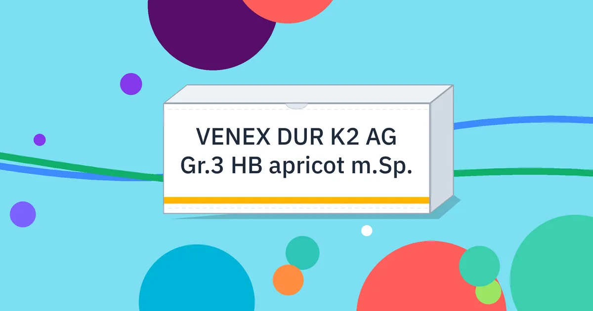 Symbolbild: Packung mit der Aufschrift VENEX DUR K2 AG Gr.3 HB apricot m.Sp. (PZN 03218745) – Verfügbarkeit und Bezug in Apotheken in Frankfurt am Main