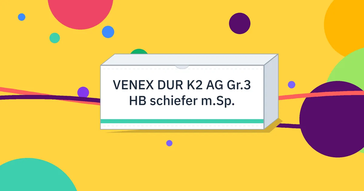 Symbolbild: Packung mit der Aufschrift VENEX DUR K2 AG Gr.3 HB schiefer m.Sp. (PZN 03218952) – Verfügbarkeit und Bezug in Apotheken in Frankfurt am Main