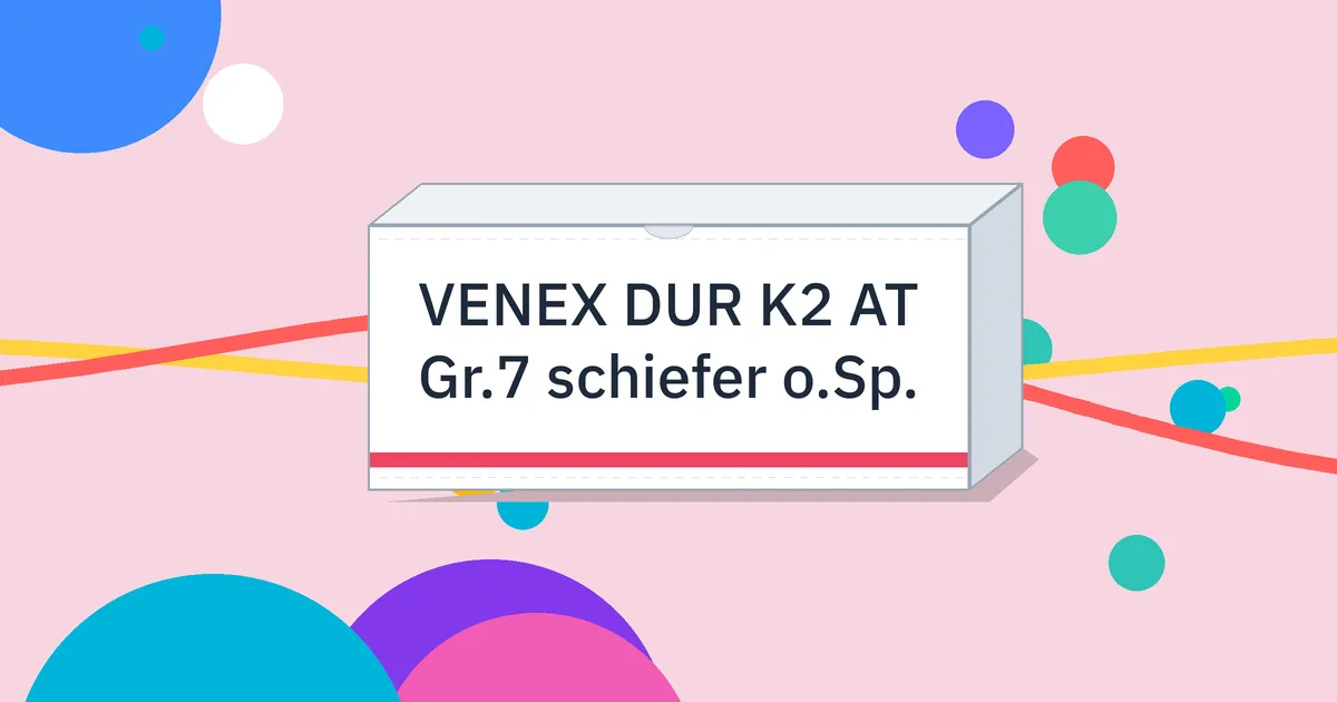Symbolbild: Packung mit der Aufschrift VENEX DUR K2 AT Gr.7 schiefer o.Sp. (PZN 03224786) – Verfügbarkeit und Bezug in Apotheken in Frankfurt am Main