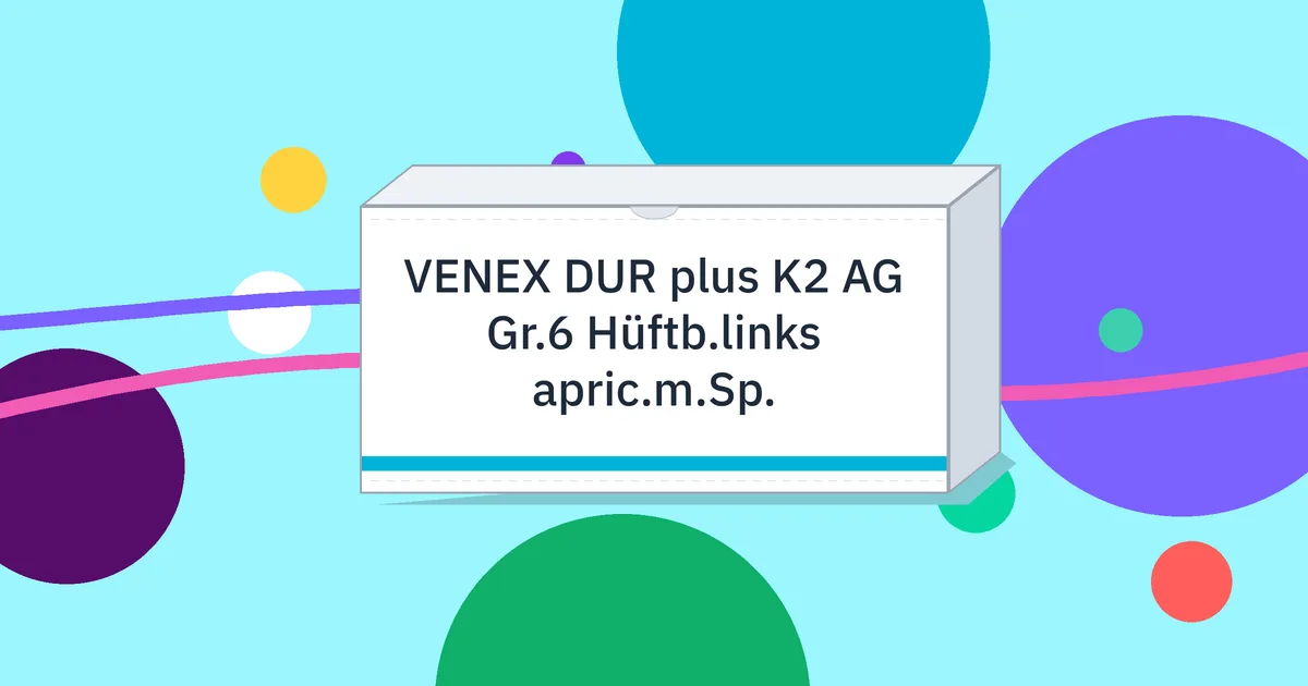Symbolbild: Packung mit der Aufschrift VENEX DUR plus K2 AG Gr.6 Hüftb.links apric.m.Sp. (PZN 03238475) – Verfügbarkeit und Bezug in Apotheken in Frankfurt am Main