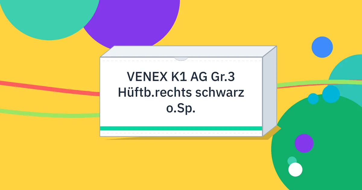Symbolbild: Packung mit der Aufschrift VENEX K1 AG Gr.3 Hüftb.rechts schwarz o.Sp. (PZN 03208184) – Verfügbarkeit und Bezug in Apotheken in Frankfurt am Main