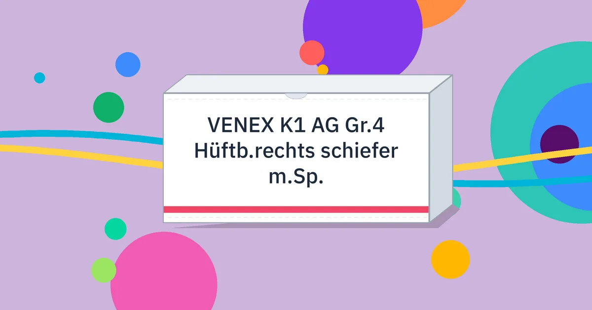 Symbolbild: Packung mit der Aufschrift VENEX K1 AG Gr.4 Hüftb.rechts schiefer m.Sp. (PZN 03203181) – Verfügbarkeit und Bezug in Apotheken in Frankfurt am Main