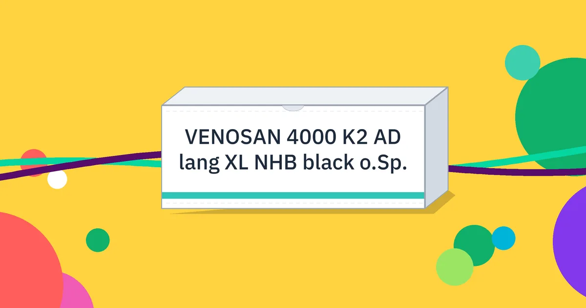 Symbolbild: Packung mit der Aufschrift VENOSAN 4000 K2 AD lang XL NHB black o.Sp. (PZN 14427357) – Verfügbarkeit und Bezug in Apotheken in Frankfurt am Main