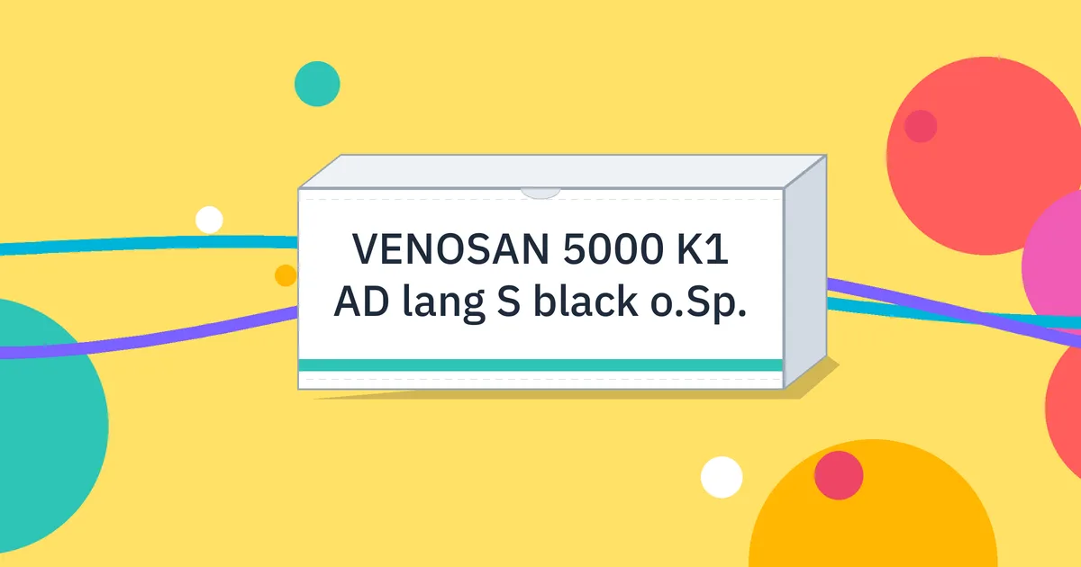 Symbolbild: Packung mit der Aufschrift VENOSAN 5000 K1 AD lang S black o.Sp. (PZN 14432387) – Verfügbarkeit und Bezug in Apotheken in Frankfurt am Main