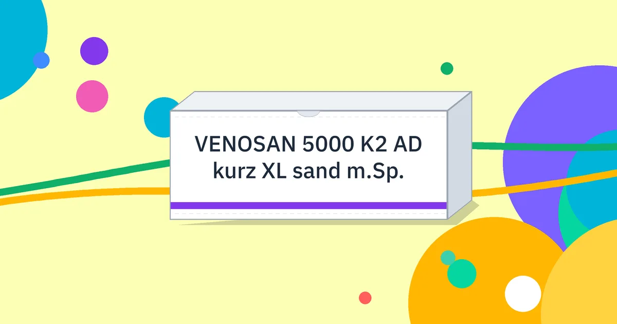 Symbolbild: Packung mit der Aufschrift VENOSAN 5000 K2 AD kurz XL sand m.Sp. (PZN 14428664) – Verfügbarkeit und Bezug in Apotheken in Frankfurt am Main