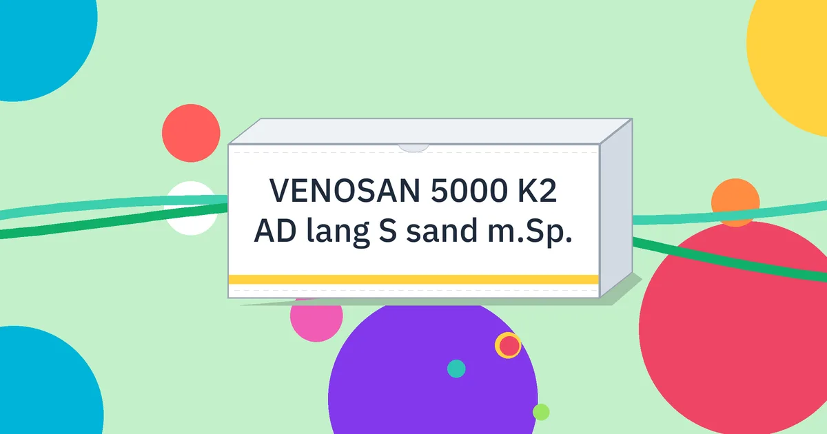 Symbolbild: Packung mit der Aufschrift VENOSAN 5000 K2 AD lang S sand m.Sp. (PZN 14428552) – Verfügbarkeit und Bezug in Apotheken in Frankfurt am Main