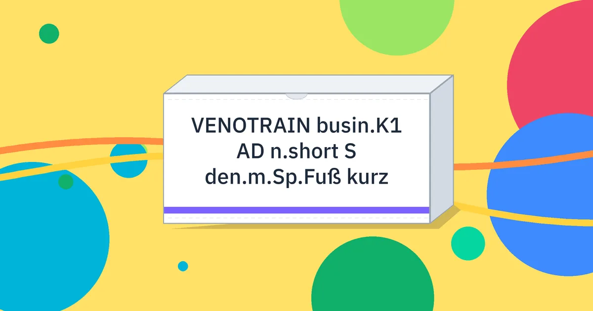 Symbolbild: Packung mit der Aufschrift VENOTRAIN busin.K1 AD n.short S den.m.Sp.Fuß kurz (PZN 19057327) – Verfügbarkeit und Bezug in Apotheken in Frankfurt am Main