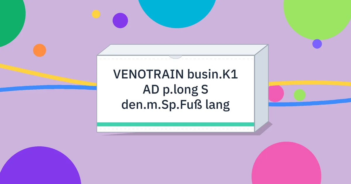 Symbolbild: Packung mit der Aufschrift VENOTRAIN busin.K1 AD p.long S den.m.Sp.Fuß lang (PZN 19056693) – Verfügbarkeit und Bezug in Apotheken in Frankfurt am Main