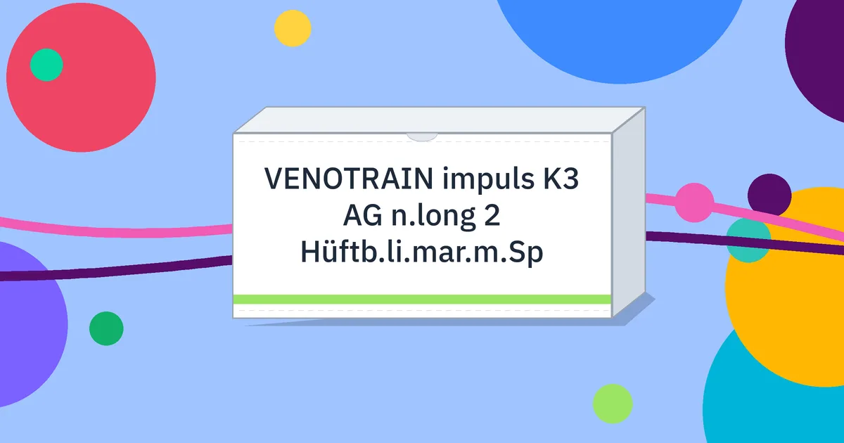 Symbolbild: Packung mit der Aufschrift VENOTRAIN impuls K3 AG n.long 2 Hüftb.li.mar.m.Sp (PZN 15219997) – Verfügbarkeit und Bezug in Apotheken in Frankfurt am Main