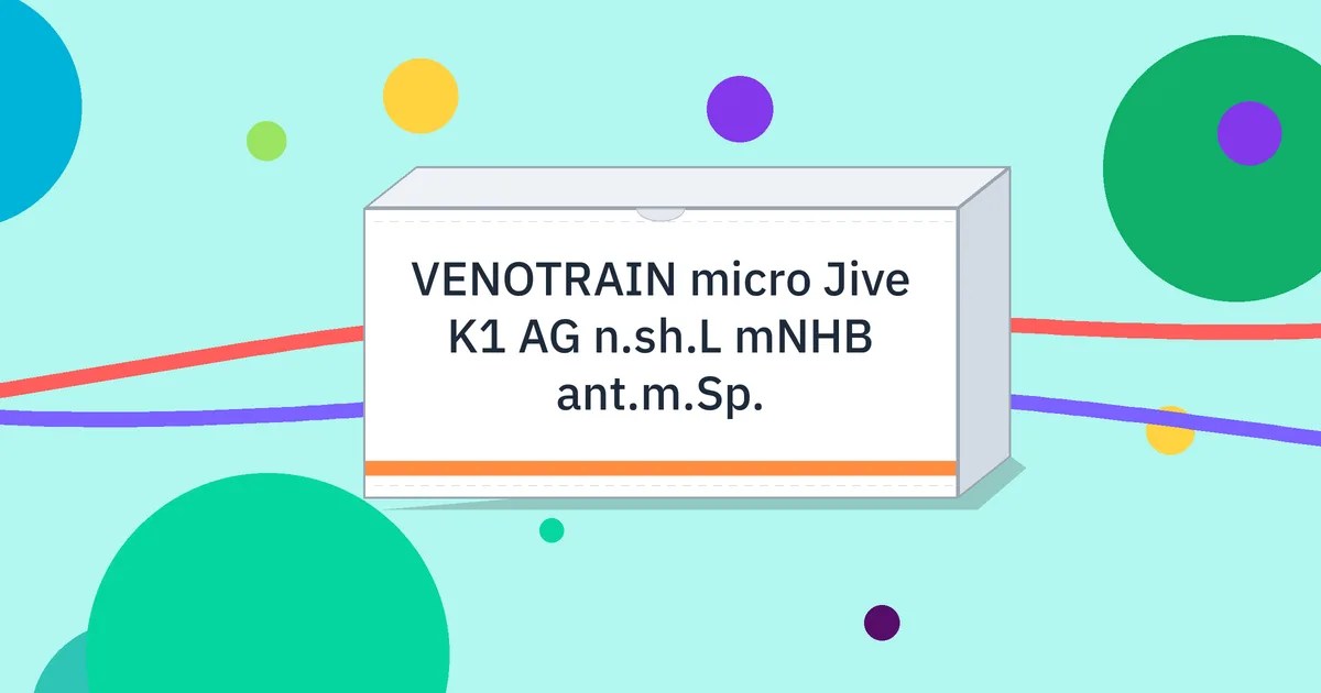 Symbolbild: Packung mit der Aufschrift VENOTRAIN micro Jive K1 AG n.sh.L mNHB ant.m.Sp. (PZN 17761016) – Verfügbarkeit und Bezug in Apotheken in Frankfurt am Main