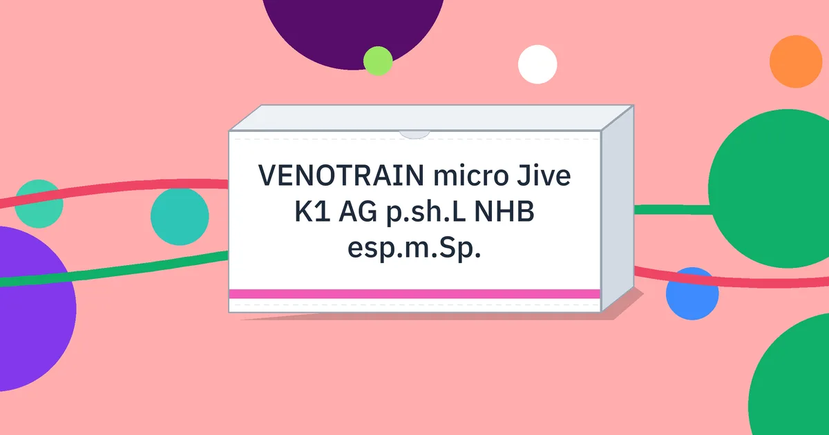 Symbolbild: Packung mit der Aufschrift VENOTRAIN micro Jive K1 AG p.sh.L NHB esp.m.Sp. (PZN 17765801) – Verfügbarkeit und Bezug in Apotheken in Frankfurt am Main