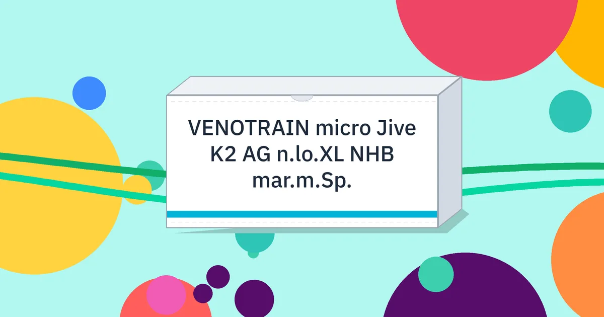 Symbolbild: Packung mit der Aufschrift VENOTRAIN micro Jive K2 AG n.lo.XL NHB mar.m.Sp. (PZN 17767510) – Verfügbarkeit und Bezug in Apotheken in Frankfurt am Main