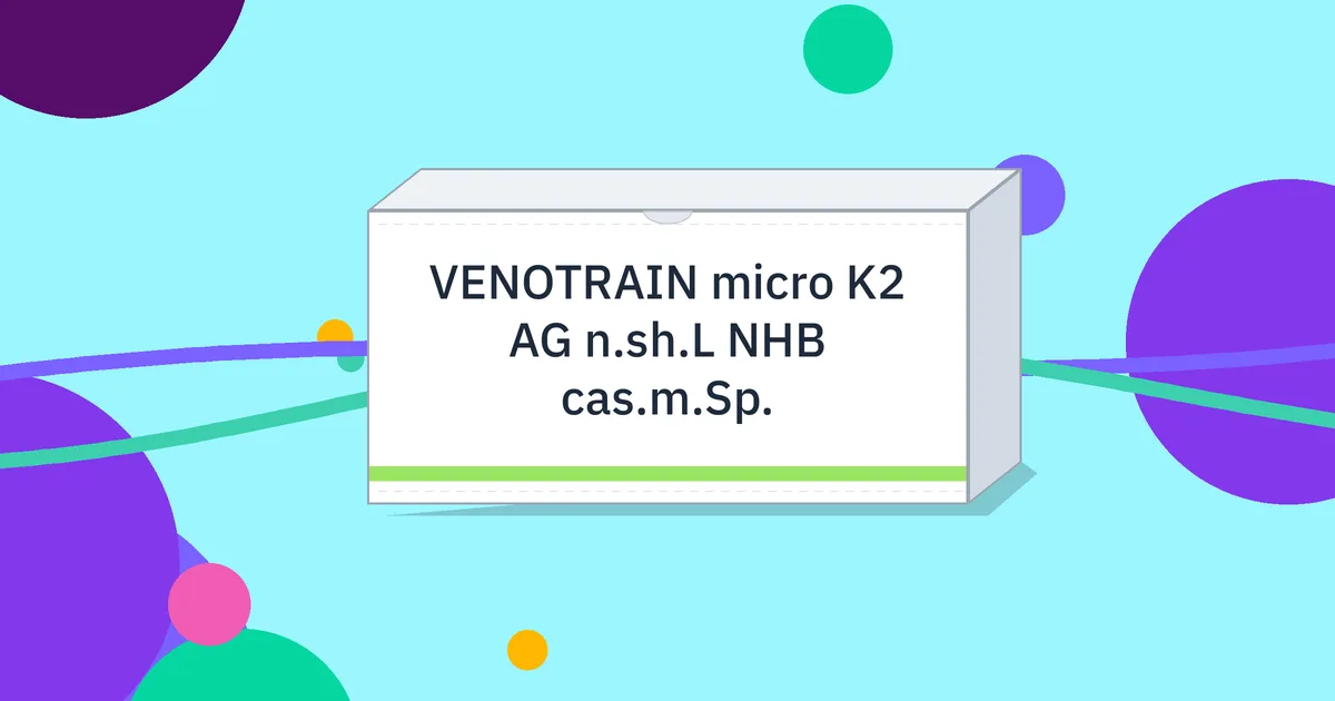 Symbolbild: Packung mit der Aufschrift VENOTRAIN micro K2 AG n.sh.L NHB cas.m.Sp. (PZN 20760807) – Verfügbarkeit und Bezug in Apotheken in Frankfurt am Main
