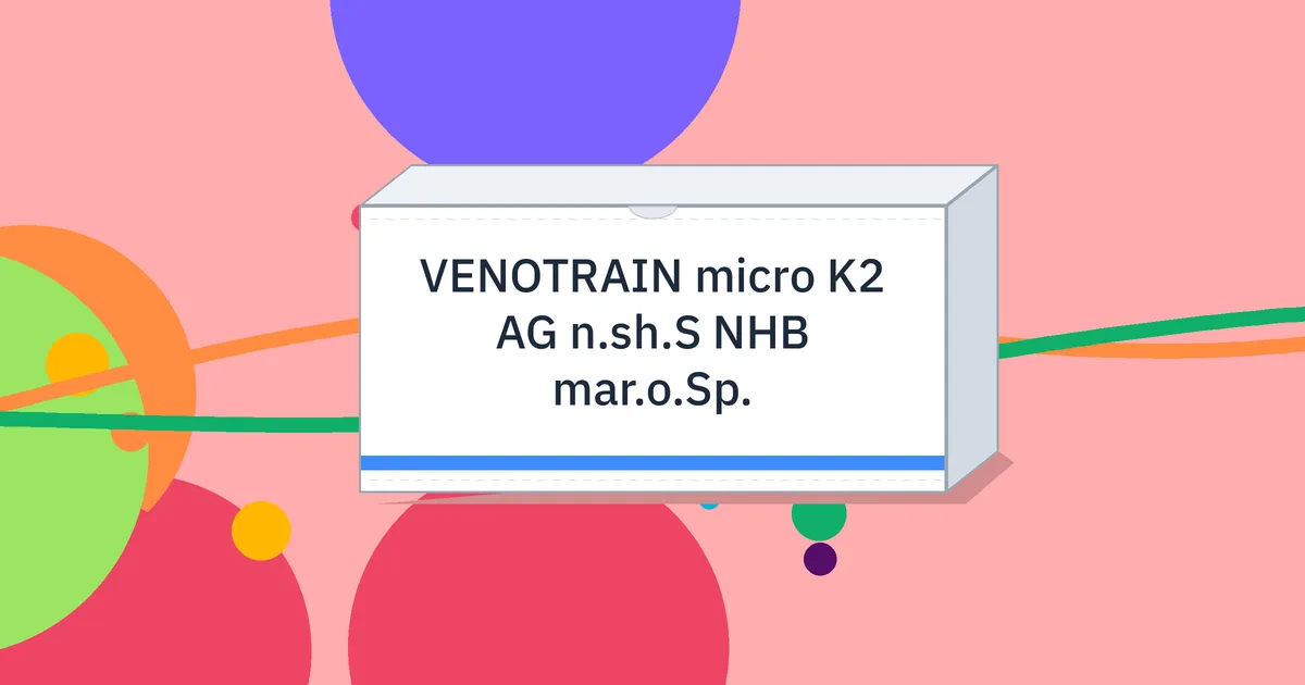 Symbolbild: Packung mit der Aufschrift VENOTRAIN micro K2 AG n.sh.S NHB mar.o.Sp. (PZN 06699449) – Verfügbarkeit und Bezug in Apotheken in Frankfurt am Main