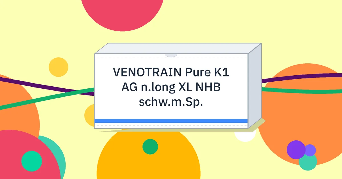 Symbolbild: Packung mit der Aufschrift VENOTRAIN Pure K1 AG n.long XL NHB schw.m.Sp. (PZN 18147548) – Verfügbarkeit und Bezug in Apotheken in Frankfurt am Main