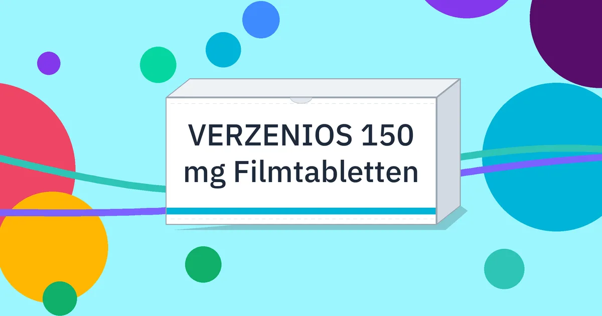 Symbolbild: Packung mit der Aufschrift VERZENIOS 150 mg Filmtabletten (PZN 19724663) – Verfügbarkeit und Bezug in Apotheken in Frankfurt am Main