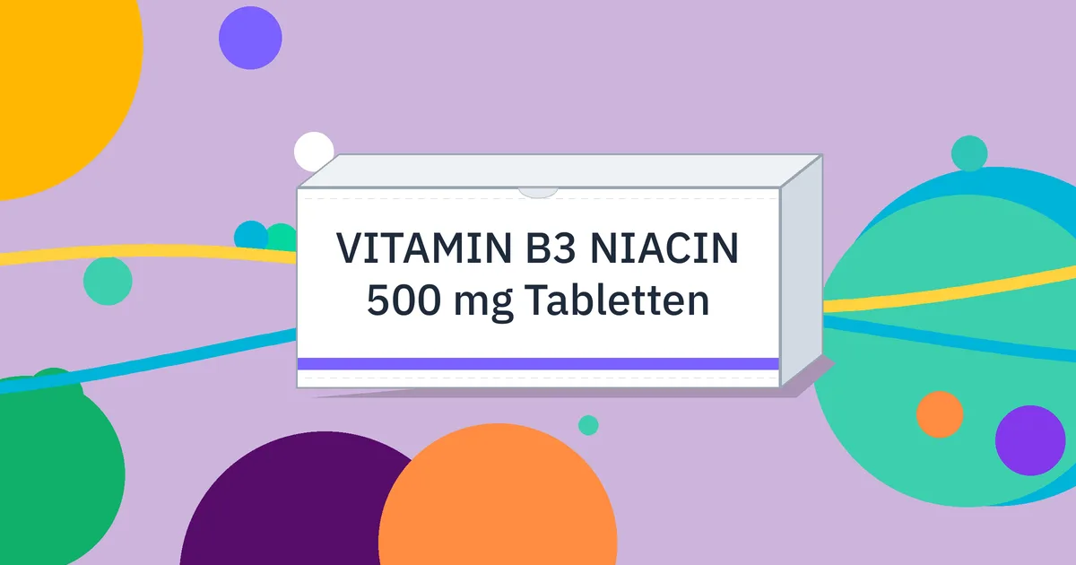 Symbolbild: Packung mit der Aufschrift VITAMIN B3 NIACIN 500 mg Tabletten (PZN 20637113) – Verfügbarkeit und Bezug in Apotheken in Frankfurt am Main