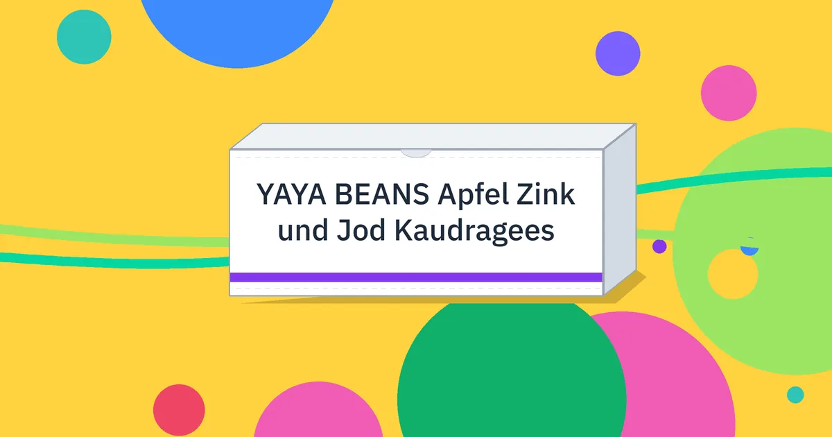 Symbolbild: Packung mit der Aufschrift YAYA BEANS Apfel Zink und Jod Kaudragees (PZN 12394903) – Verfügbarkeit und Bezug in Apotheken in Frankfurt am Main