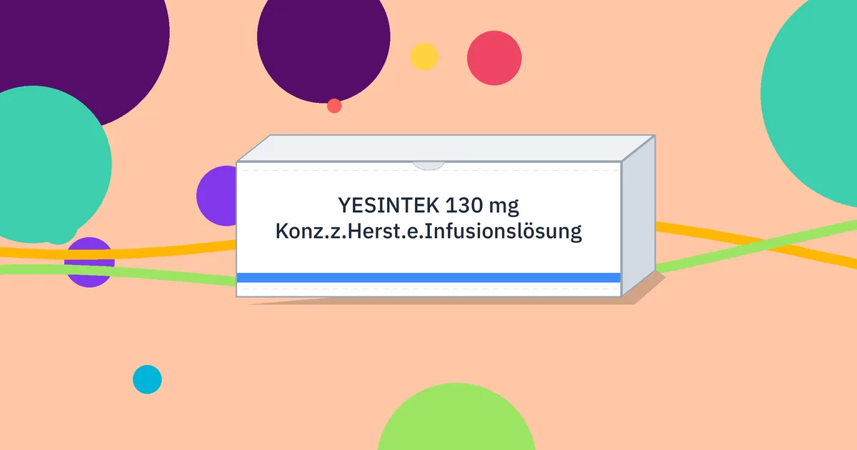 Symbolbild: Packung mit der Aufschrift YESINTEK 130 mg Konz.z.Herst.e.Infusionslösung (PZN 20043106) – Verfügbarkeit und Bezug in Apotheken in Frankfurt am Main