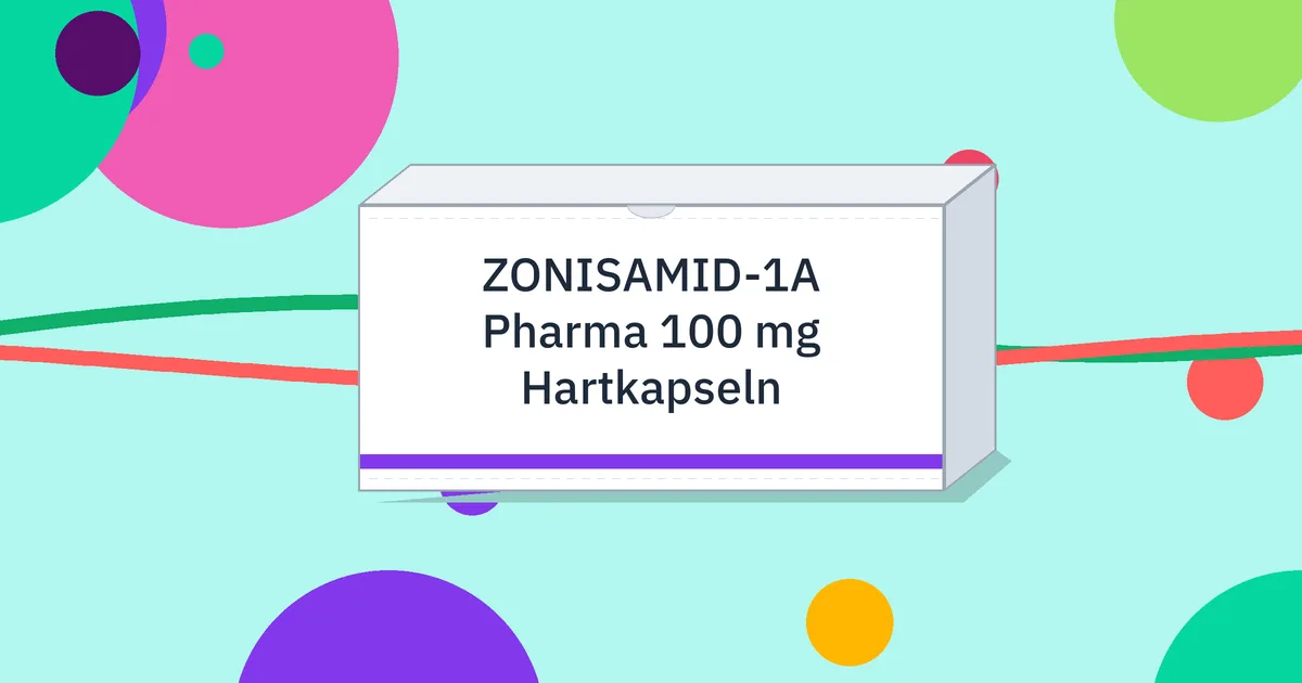 Symbolbild: Packung mit der Aufschrift ZONISAMID-1A Pharma 100 mg Hartkapseln (PZN 11725166) – Verfügbarkeit und Bezug in Apotheken in Frankfurt am Main