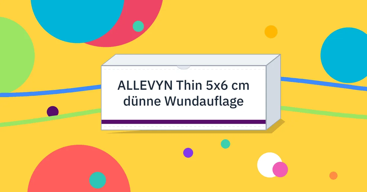 Symbolbild: Packung mit der Aufschrift ALLEVYN Thin 5x6 cm dünne Wundauflage (PZN 14163378) – Verfügbarkeit und Bezug in Apotheken in Frankfurt am Main