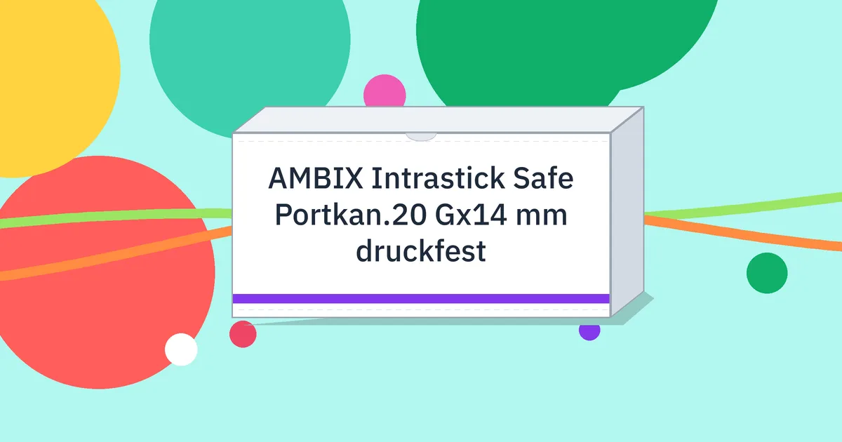 Symbolbild: Packung mit der Aufschrift AMBIX Intrastick Safe Portkan.20 Gx14 mm druckfest (PZN 09619327) – Verfügbarkeit und Bezug in Apotheken in Frankfurt am Main
