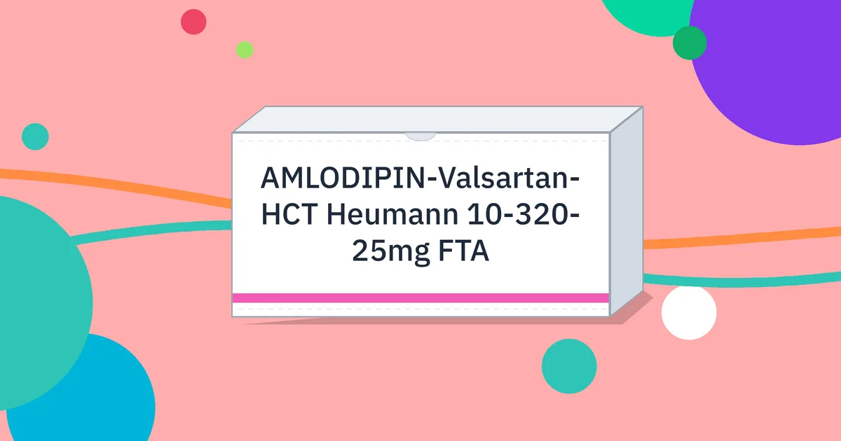 Symbolbild: Packung mit der Aufschrift AMLODIPIN-Valsartan-HCT Heumann 10-320-25mg FTA (PZN 14235729) – Verfügbarkeit und Bezug in Apotheken in Frankfurt am Main