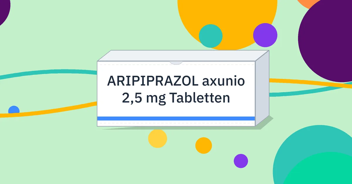 Symbolbild: Packung mit der Aufschrift ARIPIPRAZOL axunio 2,5 mg Tabletten (PZN 20375736) – Verfügbarkeit und Bezug in Apotheken in Frankfurt am Main