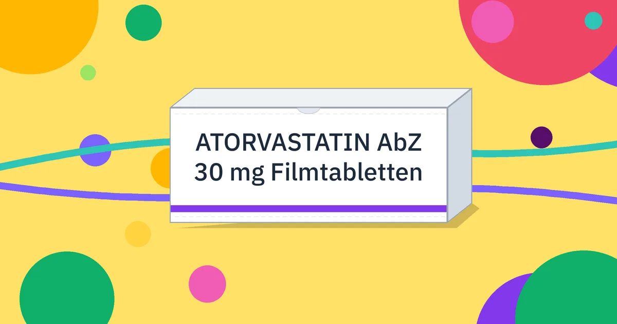 Symbolbild: Packung mit der Aufschrift ATORVASTATIN AbZ 30 mg Filmtabletten (PZN 09924585) – Verfügbarkeit und Bezug in Apotheken in Frankfurt am Main