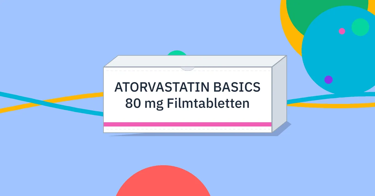 Symbolbild: Packung mit der Aufschrift ATORVASTATIN BASICS 80 mg Filmtabletten (PZN 00524341) – Verfügbarkeit und Bezug in Apotheken in Frankfurt am Main