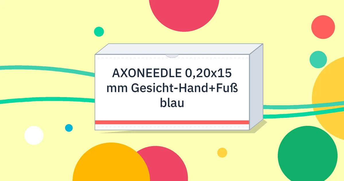 Symbolbild: Packung mit der Aufschrift AXONEEDLE 0,20x15 mm Gesicht-Hand+Fuß blau (PZN 19996338) – Verfügbarkeit und Bezug in Apotheken in Frankfurt am Main