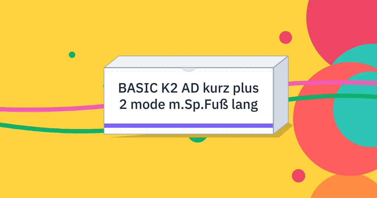 Symbolbild: Packung mit der Aufschrift BASIC K2 AD kurz plus 2 mode m.Sp.Fuß lang (PZN 20264244) – Verfügbarkeit und Bezug in Apotheken in Frankfurt am Main