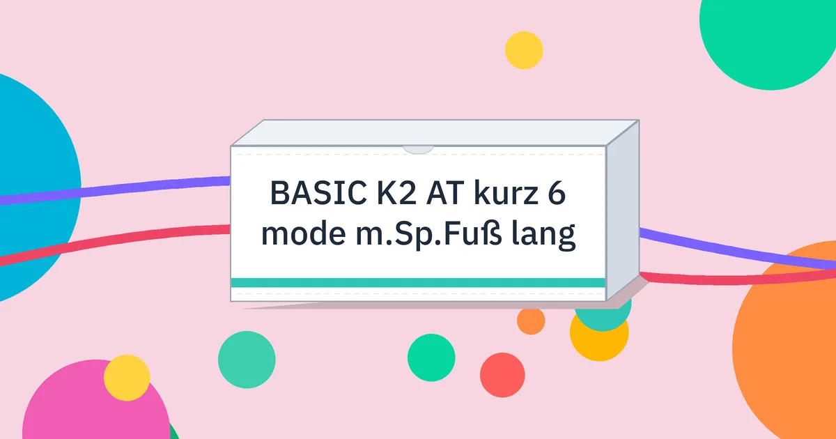 Symbolbild: Packung mit der Aufschrift BASIC K2 AT kurz 6 mode m.Sp.Fuß lang (PZN 20269980) – Verfügbarkeit und Bezug in Apotheken in Frankfurt am Main