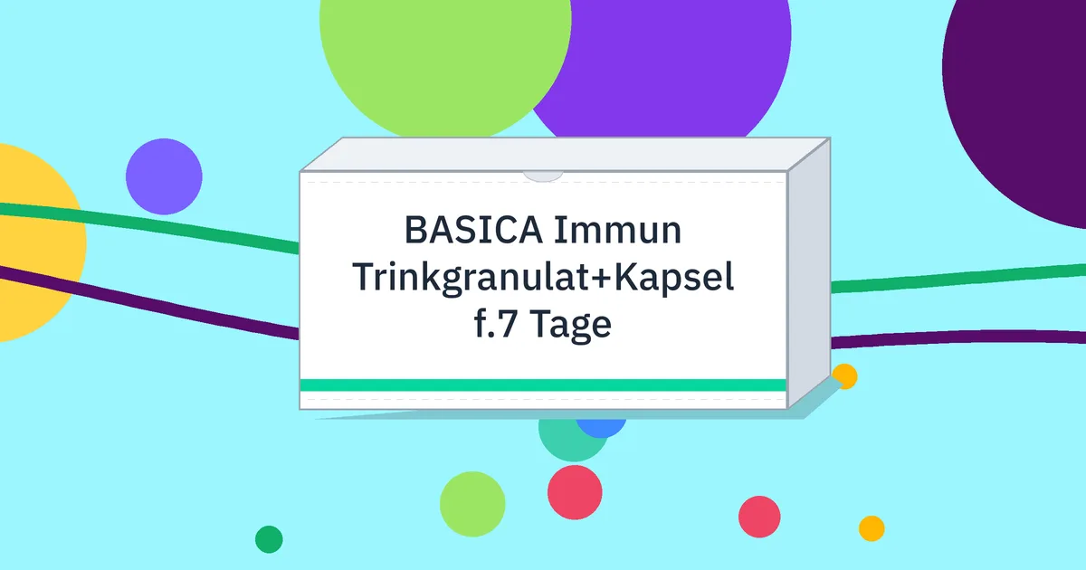 Symbolbild: Packung mit der Aufschrift BASICA Immun Trinkgranulat+Kapsel f.7 Tage (PZN 17586205) – Verfügbarkeit und Bezug in Apotheken in Frankfurt am Main
