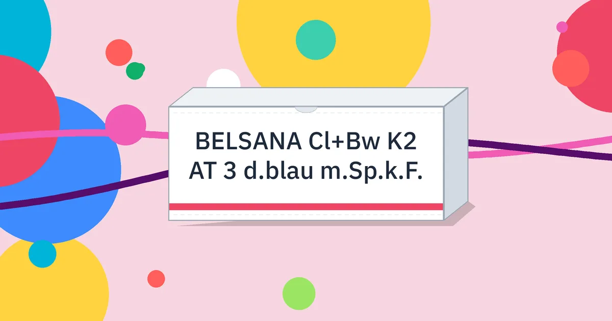 Symbolbild: Packung mit der Aufschrift BELSANA Cl+Bw K2 AT 3 d.blau m.Sp.k.F. (PZN 15627839) – Verfügbarkeit und Bezug in Apotheken in Frankfurt am Main