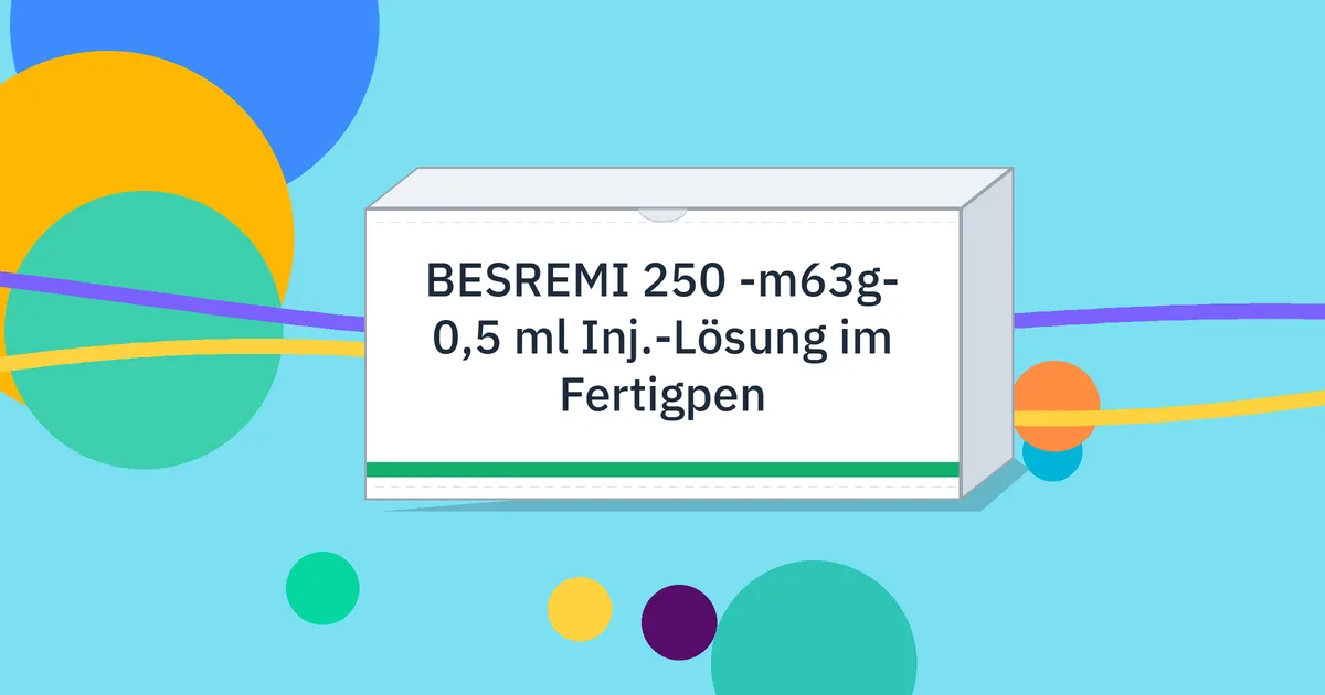 Symbolbild: Packung mit der Aufschrift BESREMI 250 -m63g-0,5 ml Inj.-Lösung im Fertigpen (PZN 20105988) – Verfügbarkeit und Bezug in Apotheken in Frankfurt am Main