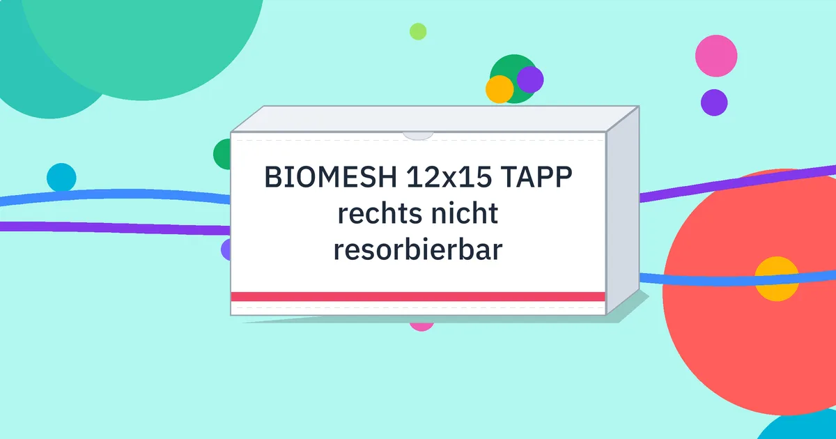 Symbolbild: Packung mit der Aufschrift BIOMESH 12x15 TAPP rechts nicht resorbierbar (PZN 19504737) – Verfügbarkeit und Bezug in Apotheken in Frankfurt am Main