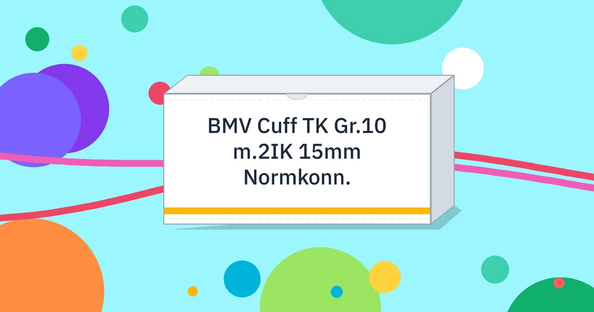 Symbolbild: Packung mit der Aufschrift BMV Cuff TK Gr.10 m.2IK 15mm Normkonn. (PZN 18382901) – Verfügbarkeit und Bezug in Apotheken in Frankfurt am Main