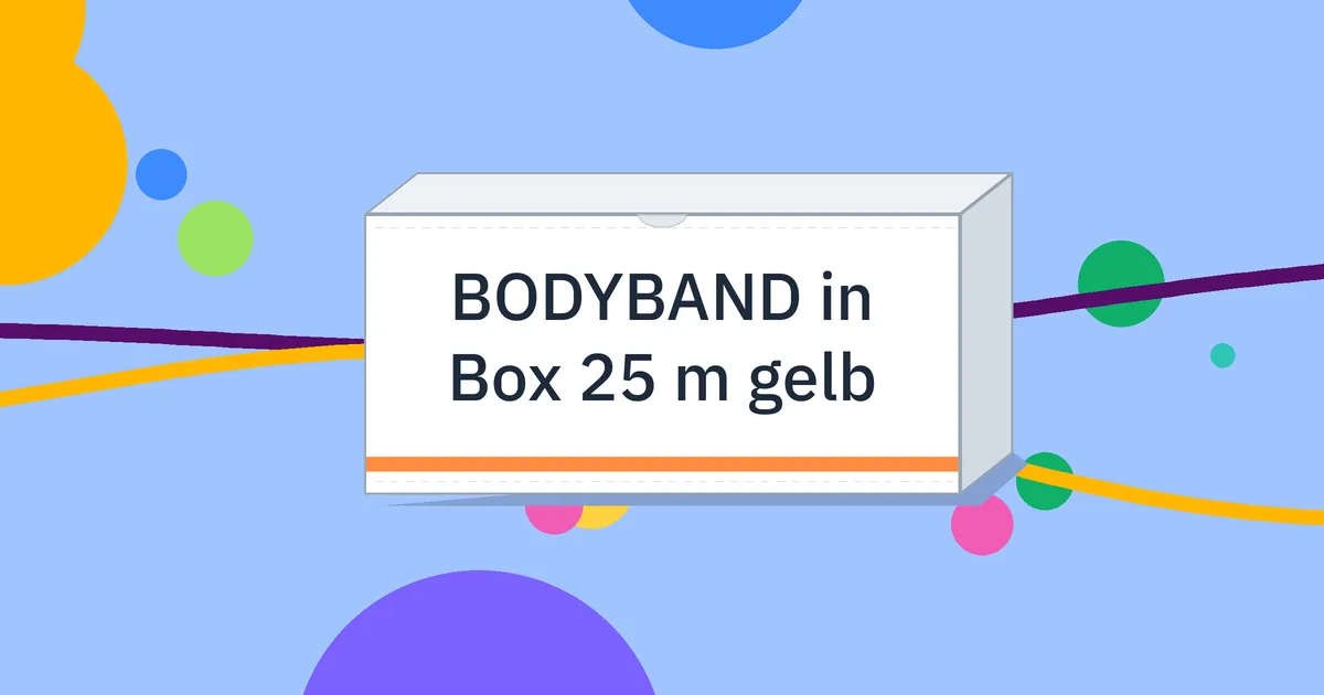 Symbolbild: Packung mit der Aufschrift BODYBAND in Box 25 m gelb (PZN 10076576) – Verfügbarkeit und Bezug in Apotheken in Frankfurt am Main
