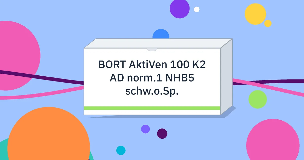 Symbolbild: Packung mit der Aufschrift BORT AktiVen 100 K2 AD norm.1 NHB5 schw.o.Sp. (PZN 17496821) – Verfügbarkeit und Bezug in Apotheken in Frankfurt am Main