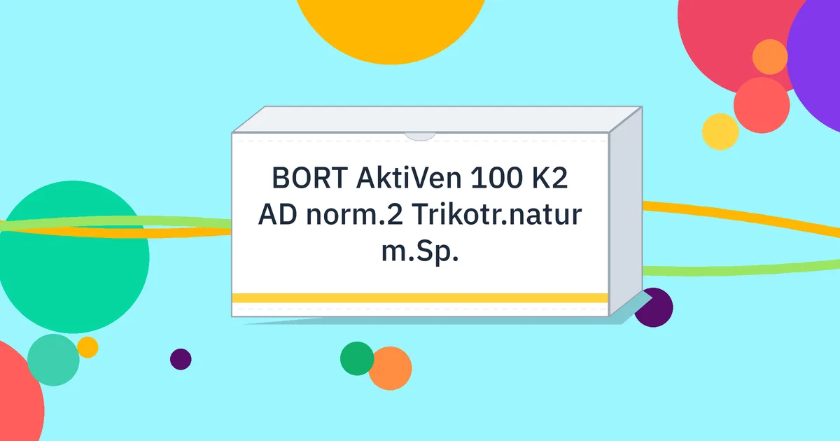 Symbolbild: Packung mit der Aufschrift BORT AktiVen 100 K2 AD norm.2 Trikotr.natur m.Sp. (PZN 13726448) – Verfügbarkeit und Bezug in Apotheken in Frankfurt am Main