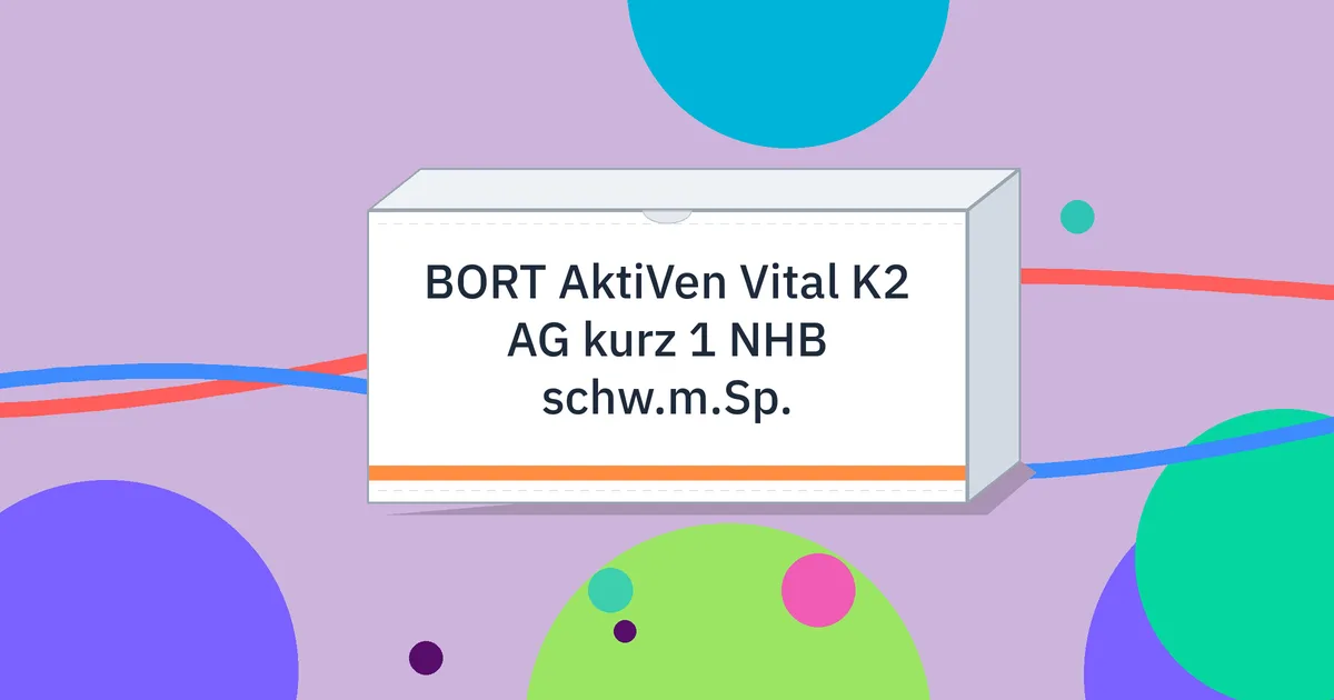 Symbolbild: Packung mit der Aufschrift BORT AktiVen Vital K2 AG kurz 1 NHB schw.m.Sp. (PZN 12385057) – Verfügbarkeit und Bezug in Apotheken in Frankfurt am Main