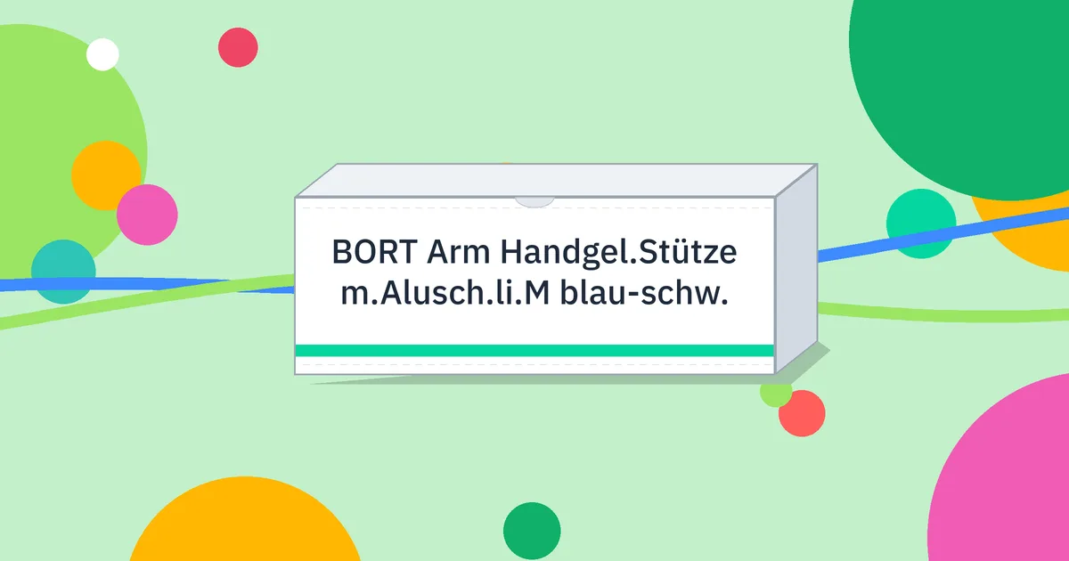 Symbolbild: Packung mit der Aufschrift BORT Arm Handgel.Stütze m.Alusch.li.M blau-schw. (PZN 04195940) – Verfügbarkeit und Bezug in Apotheken in Frankfurt am Main