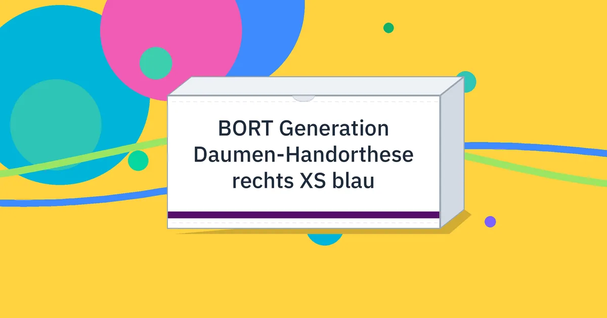 Symbolbild: Packung mit der Aufschrift BORT Generation Daumen-Handorthese rechts XS blau (PZN 13911625) – Verfügbarkeit und Bezug in Apotheken in Frankfurt am Main