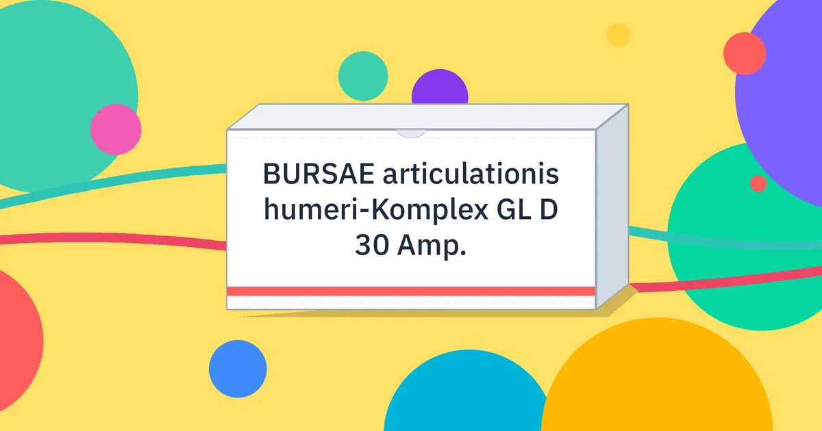 Symbolbild: Packung mit der Aufschrift BURSAE articulationis humeri-Komplex GL D 30 Amp. (PZN 02910172) – Verfügbarkeit und Bezug in Apotheken in Frankfurt am Main