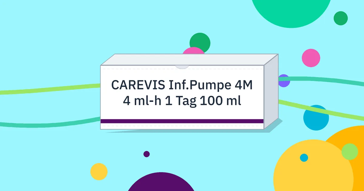 Symbolbild: Packung mit der Aufschrift CAREVIS Inf.Pumpe 4M 4 ml-h 1 Tag 100 ml (PZN 08431076) – Verfügbarkeit und Bezug in Apotheken in Frankfurt am Main